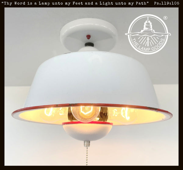 Antique FARMHOUSE WHITE ENAMEL Pan Ceiling Light — Upcrafted